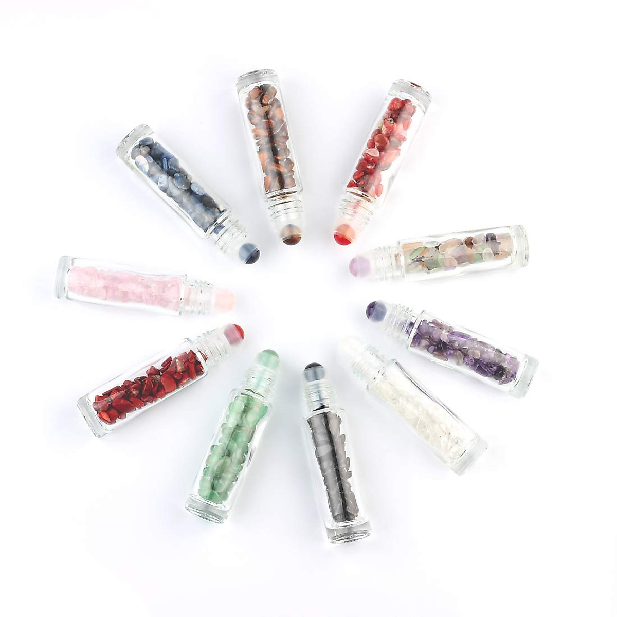 Natural Gemstones 10ML Essential Oil Roller Bottles Clear Glass Roll-on Bottles Gemstone Perfume Sample Vials with Crystal Stone Roller Balls & Healing Crystal Chips Inside 10PACK