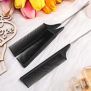3 Packs Rat Tail Comb Steel Pin Rat Tail Carbon Fiber Heat Resistant Teasing Combs with Stainless Steel Pintail (Black)