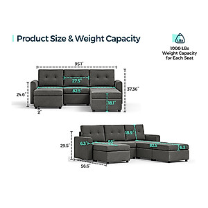 LINSY HOME Rubik III 95" Sectional Sleeper Couch, Modular Sofa Bed Couch with Storage, 6 Seats Convertible Sleeper Sofa for Living Room, 3 Seats with 3 Ottomans, Dark Grey