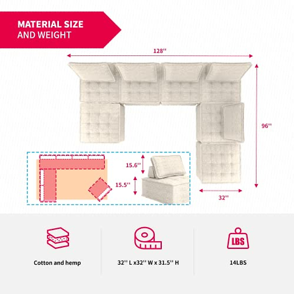 MUZZ Modular Convertible U/L Sectional Sofa, 7 Seater Sofa Couch with Soft Oversized Seat, Free Combination Armless Sectional Sofa for Living Room, Bedroom (Beige, 7PCS)