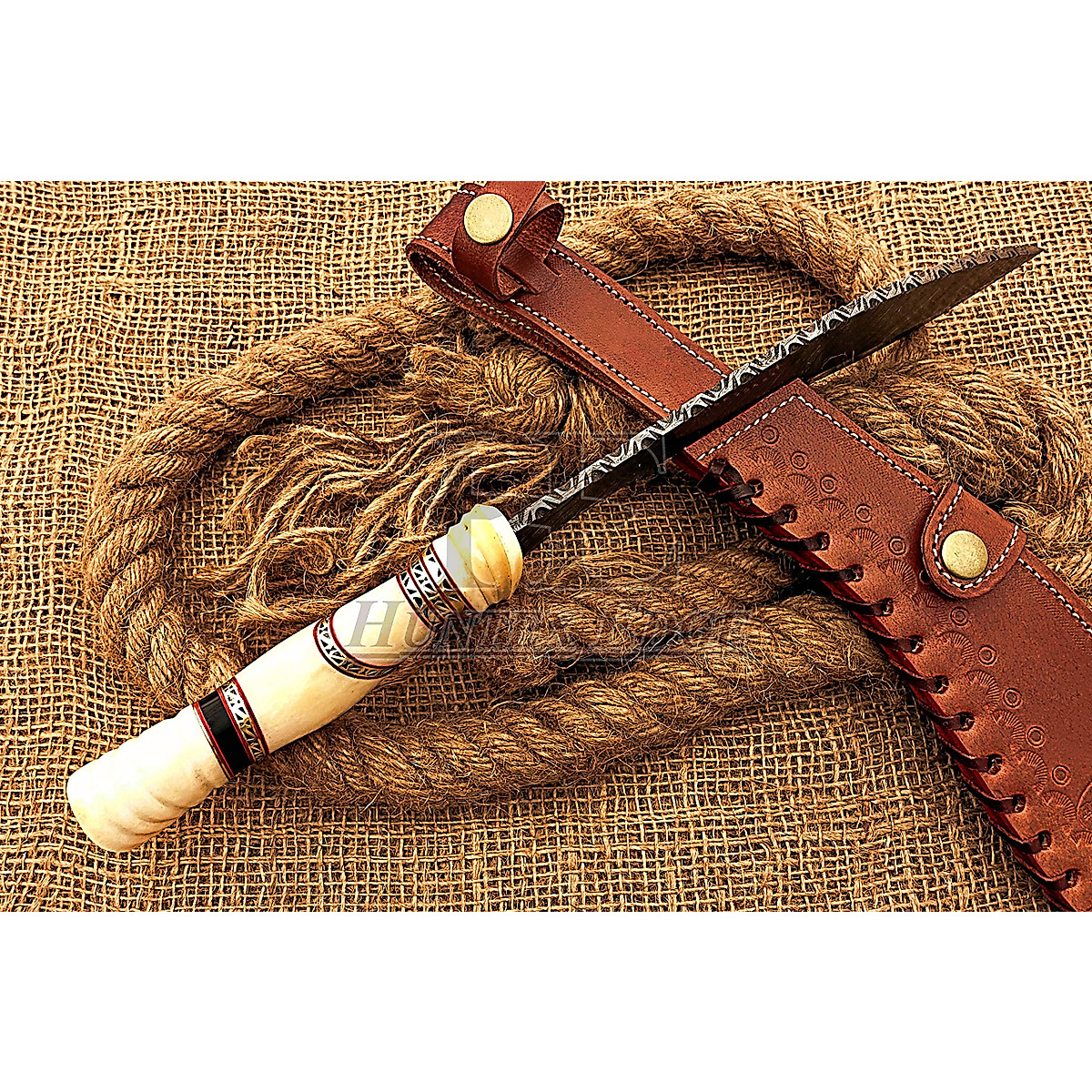 HUNTEX Unique Custom Handmade Hand Forged Damascus Steel 15 Inch Long Full Tang Camel Bone Handle Razor Sharp Hunting Camping Kukri Knife with Genuine Leather Sheath