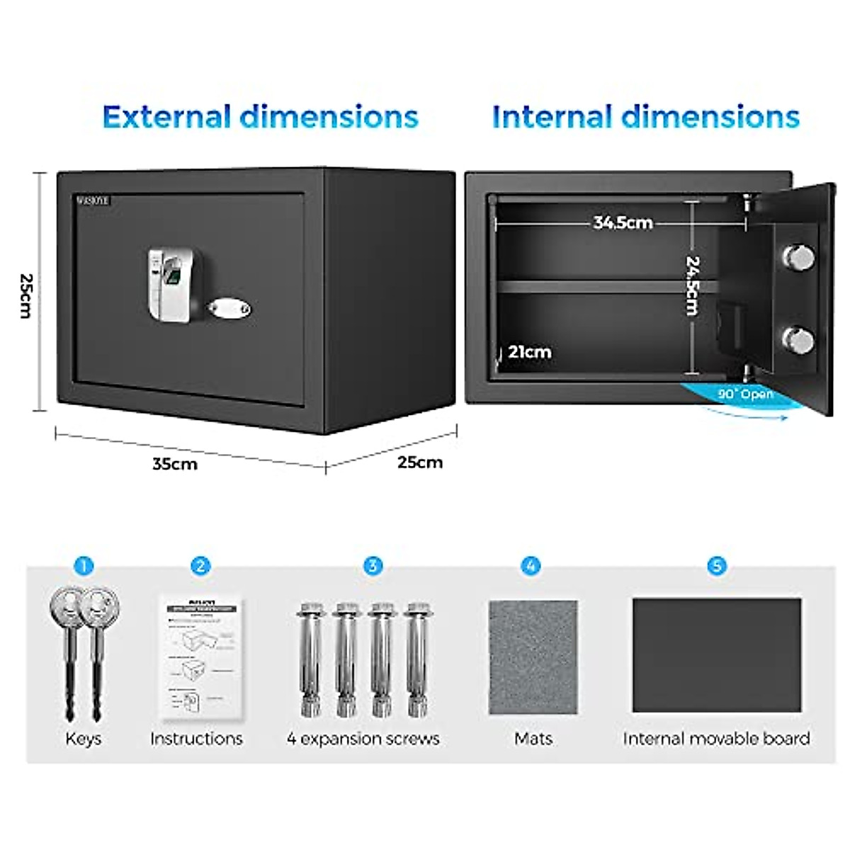 Safe Box, WASJOYE 1.0 Cu ft Biometric Fingerprint Safe Box Fireproof Safe with Finger Identification Key-Lock for Home Office Hotel Valuables Gun Safe Storage