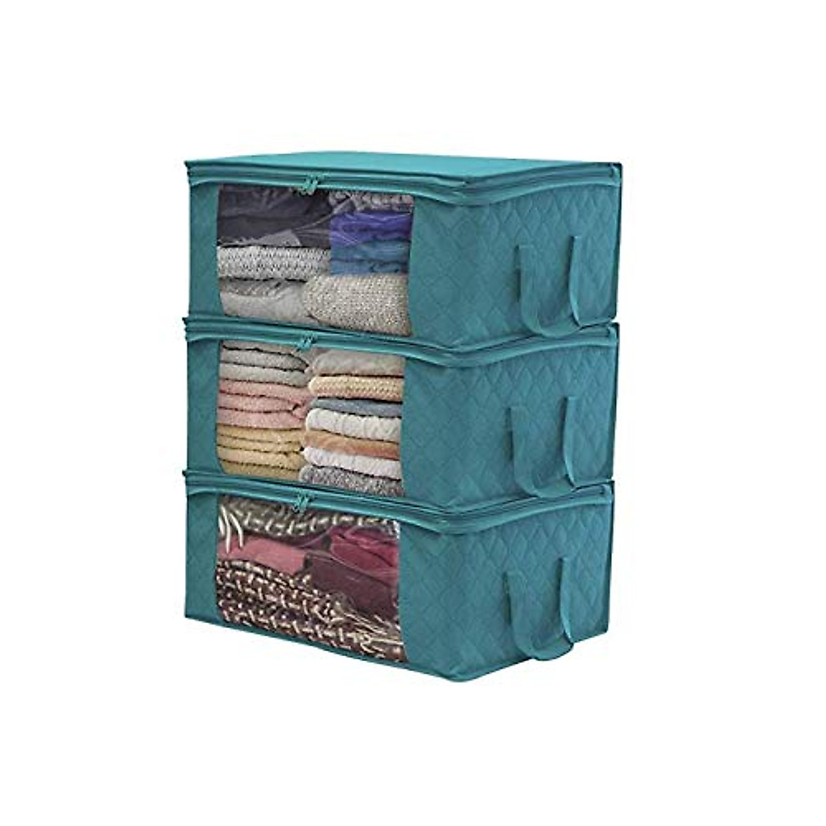 MMLL 3-Pack Fabric Clothes Storage Boxes, Bedding Large Storage Bags, Underbed Clothing Storage Box, Zipper Foldable Drawer Organizer, Used for Clothes, Blankets, Closets,19" L X 14" W X 8" H (Blue)