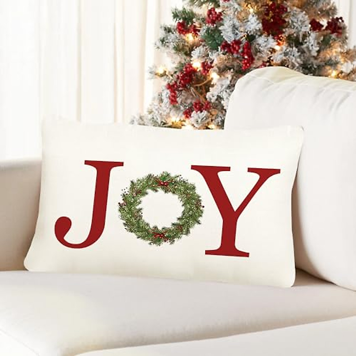 ADFLOOD Christmas Pillow Covers 12X20 Joy Christmas Garland Decorative Throw Pillows Decoration Holiday Party Red Cushion Case for Home Couch Sofa