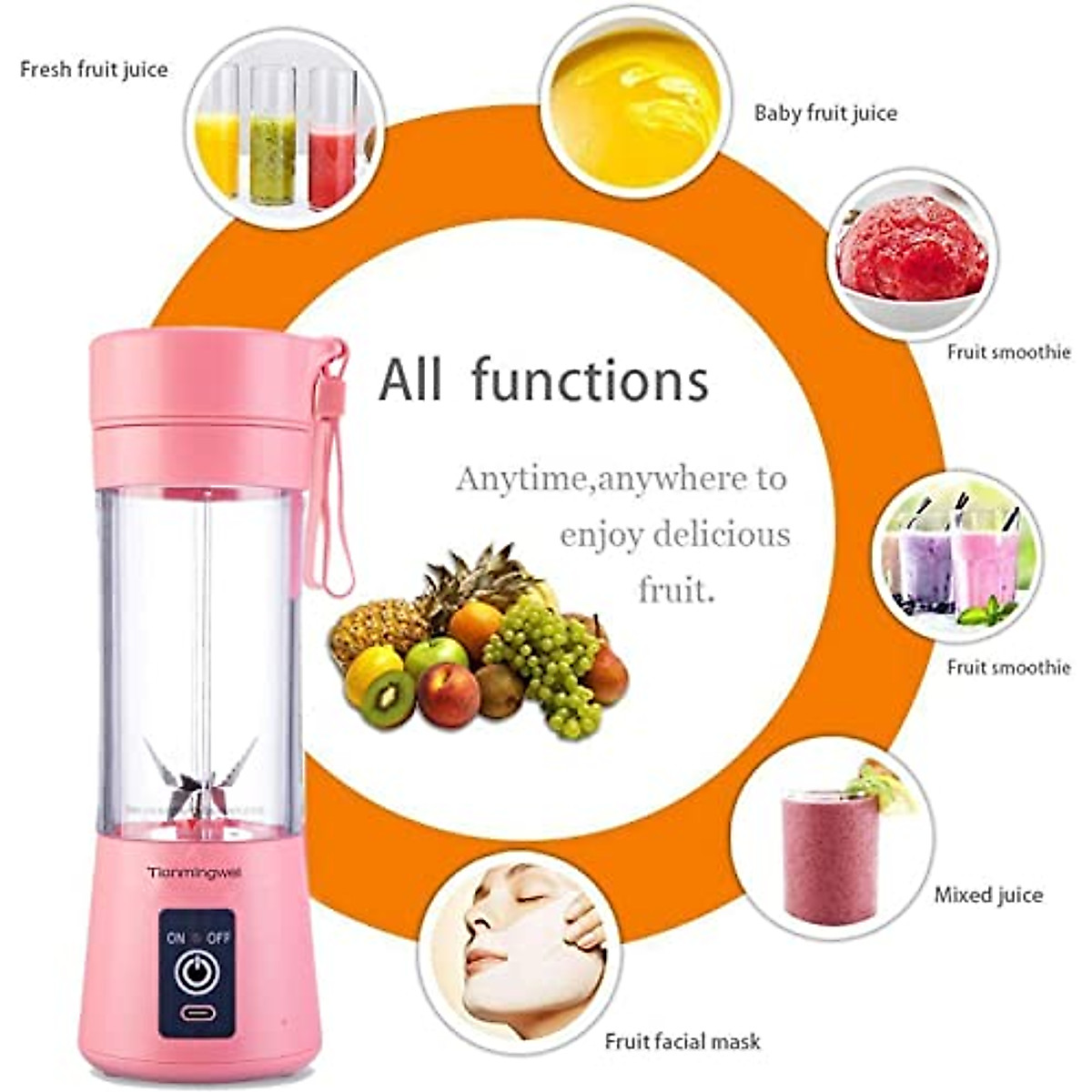 Tianmingwei Portable Blender USB Personal Juicer Cup 6 Blades Rechargeable Fruit Mixing Machine For Baby Travel 380ml[New Version] (Pink)
