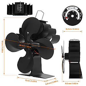 LerkeHony 4 Silent Heat Powered Stove Fan, Log Burner Fan with a Thermometer, Eco Friendly Heat Circulation for Wood/Log Burner/Fireplace/Free Stove Thermometer Satin/Black