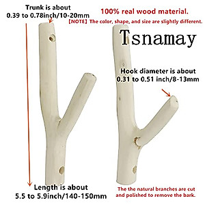 Tsnamay 2Pcs Real Wood Tree Branch Wall Hook, Farmhouse Rustic Decorative Wooden Without Bark Trunk Thickness 1cm-2cm with Screw
