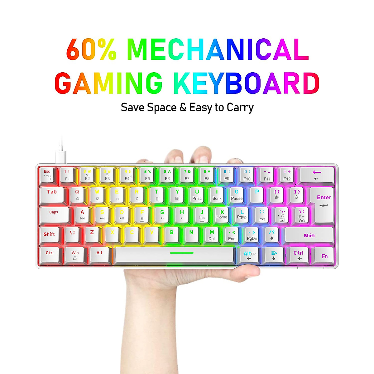 SELORSS Mini 60% Wired Mechanical Gaming Keyboard,22 RGB Chroma Backlit, Compact 62 Full Anti-ghosting Keys, USB C Cable,Replaceable Keycaps,Linear Switch for Gamer/Typist/Xbox/PC/Win/Mac(White)