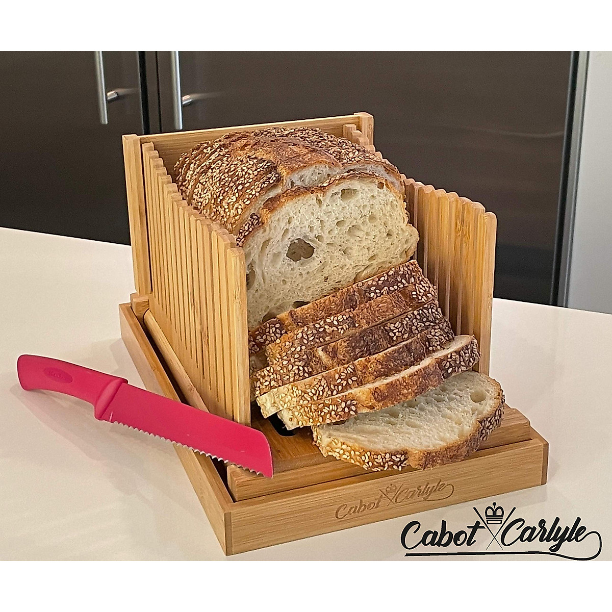 Bread Slicer Premium Bamboo Bread Slicers For Homemade Bread Cutting Guide for Homemade Bread Baking Supplies Bread Cutter Cake Slicer Bagel Slicer Foldable and Compact with Crumb Tray