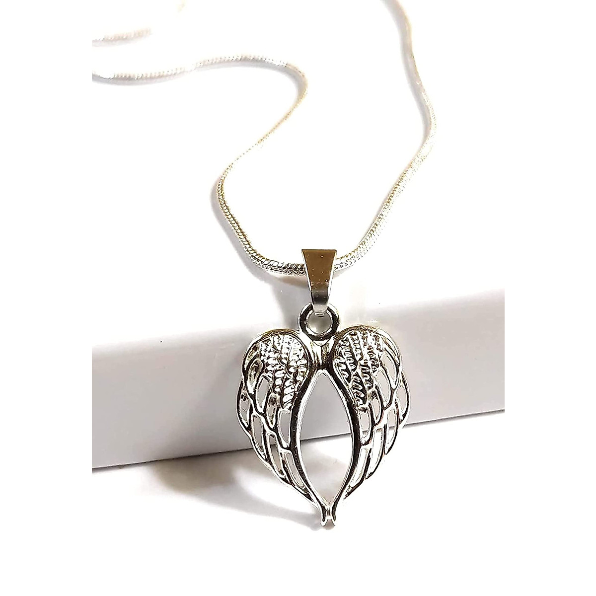 Angel Wing Heart Pendant Necklace Guardian Angel Silver Plated Snake Chain 20 Inch Gift Boxed Jewelry
