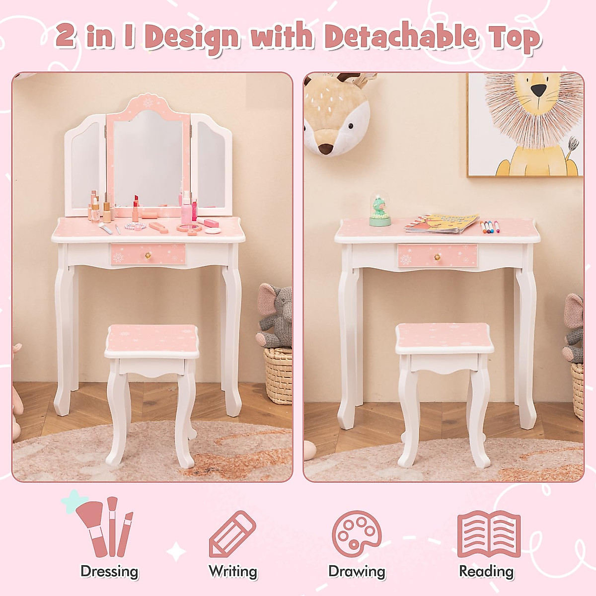 Costzon Kids Vanity, Girls Vanity Set with Mirror and Stool, Children Makeup Dressing Table with Drawer, Pretend Play Kids Vanity Table and Chair Set (Pink Snowflake Print)