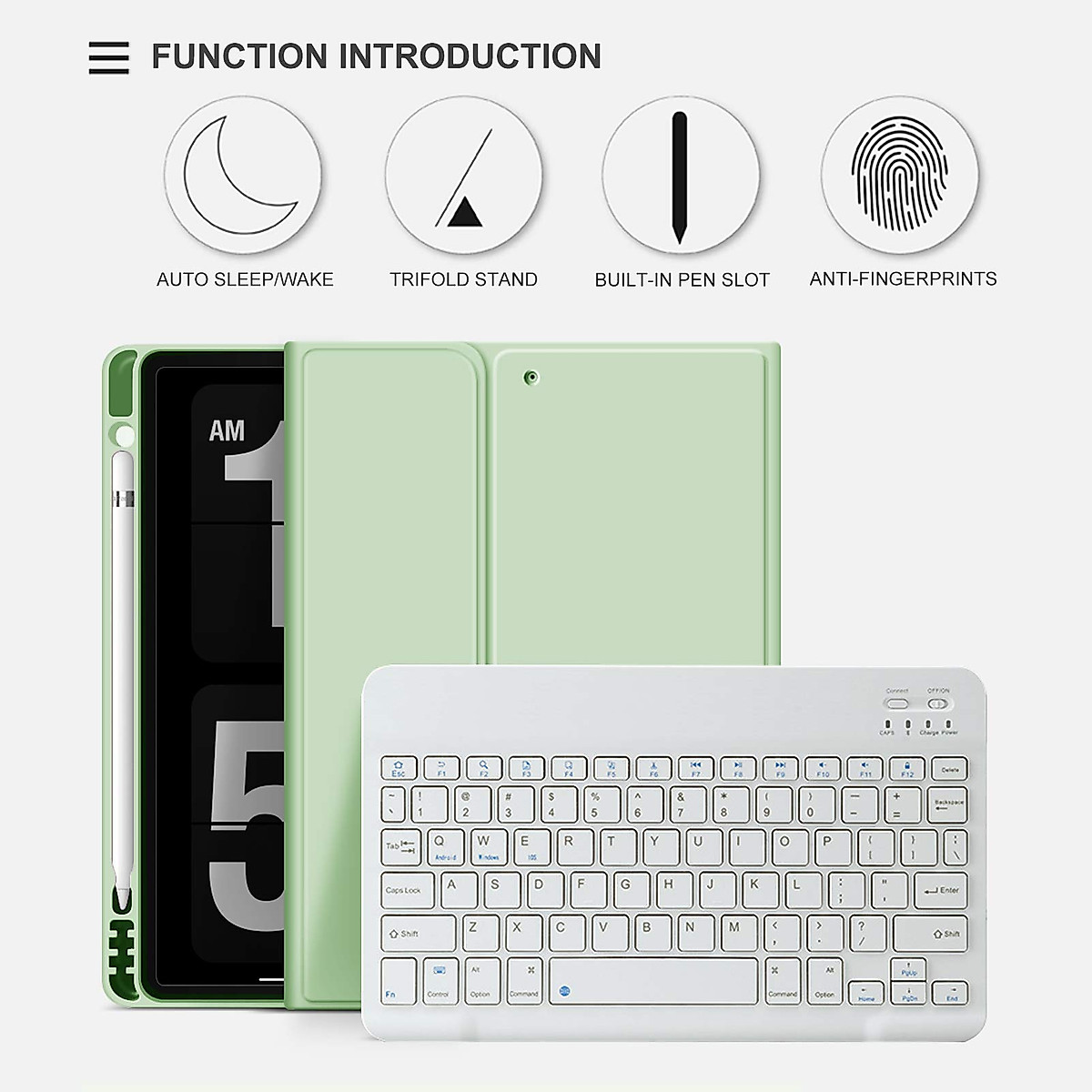 aoub Case for iPad 9th/8th/7th Generation 10.2 inch, Stand Folio Detachable Wireless Bluetooth Keyboard Cover Soft TPU Back Case with Pencil Holder for iPad 10.2 2021/2020/2019, Light Green