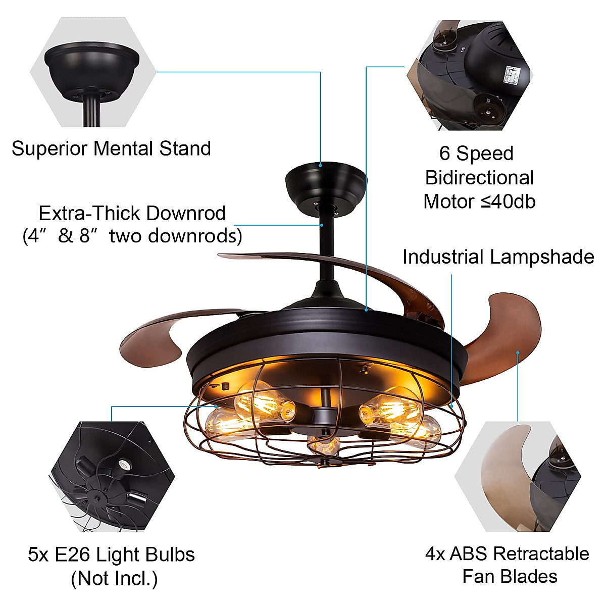 Ohniyou Retractable Blades Ceiling Fan with Lights and Remote, Rustic Industrial Ceiling Fan Ideal for Farmhouse, Patio, Kitchen, Bedroom, Living Room (42 Inches, Black)