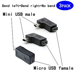 rgzhihuifz Mini USB to Micro USB Adapter, USB 2.0 Adapter Plug, 90 Degree Left and Right Angle Mini USB Male to Micro USB Female Connector Adapter 3-Pack