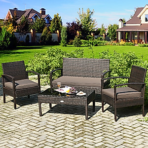 Toolsempire Outdoor Conversation Set 4 Pieces Patio Furniture, Wicker Patio Chair Sofa Set with Water-Resistant Dark-Brown Cushion & Tempered Glass Table for Backyard, Balcony, Porch(Brown)