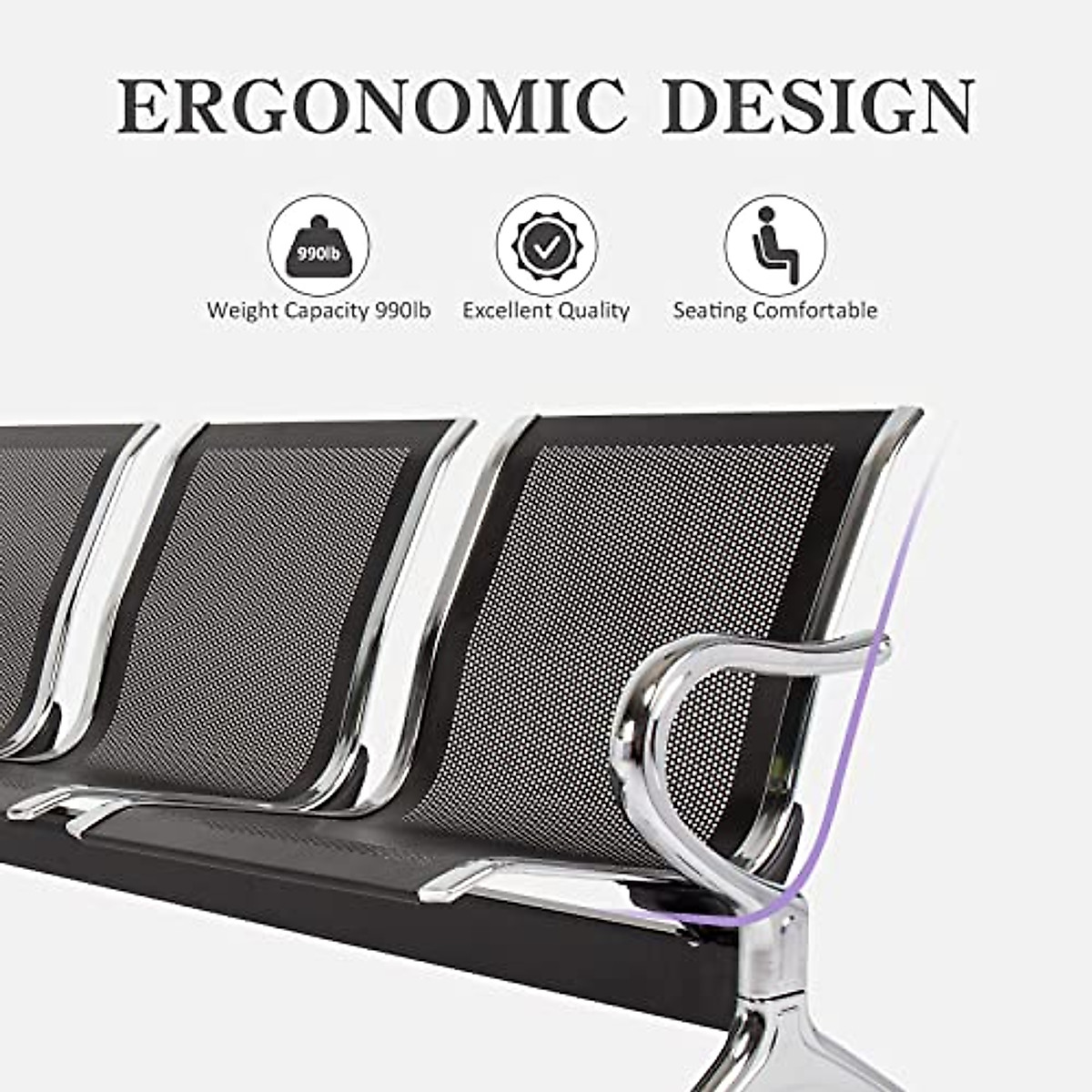 Elesuli 3 Seats Reception Waiting Room Chair Guest Chairs Bench for Hospital Offices Salon Barber Black