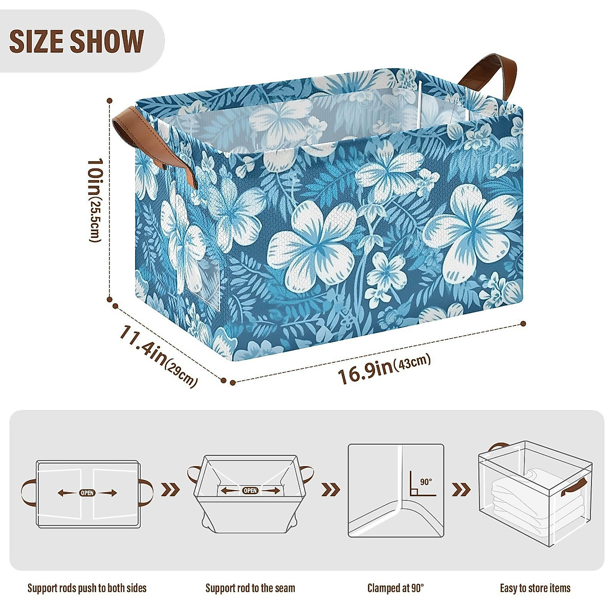 SPRIPORT Hawaii Blue Flowers Foldable Storage Cube for Shelves Fabric Storage Bin with Metal Frame & Double Handles Large Storage Box for Organizing Clothes Blankets Toys Books