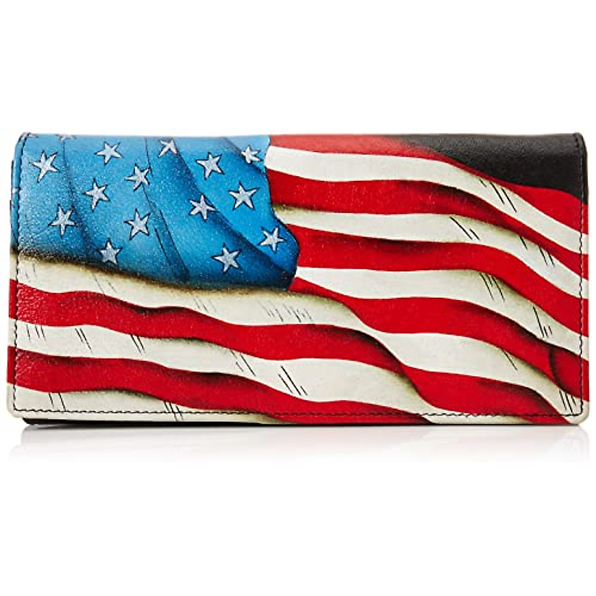 Anna by Anuschka Women's Hand-Painted Genuine Leather Two Fold Clutch Wallet - Stars and Stripes Black