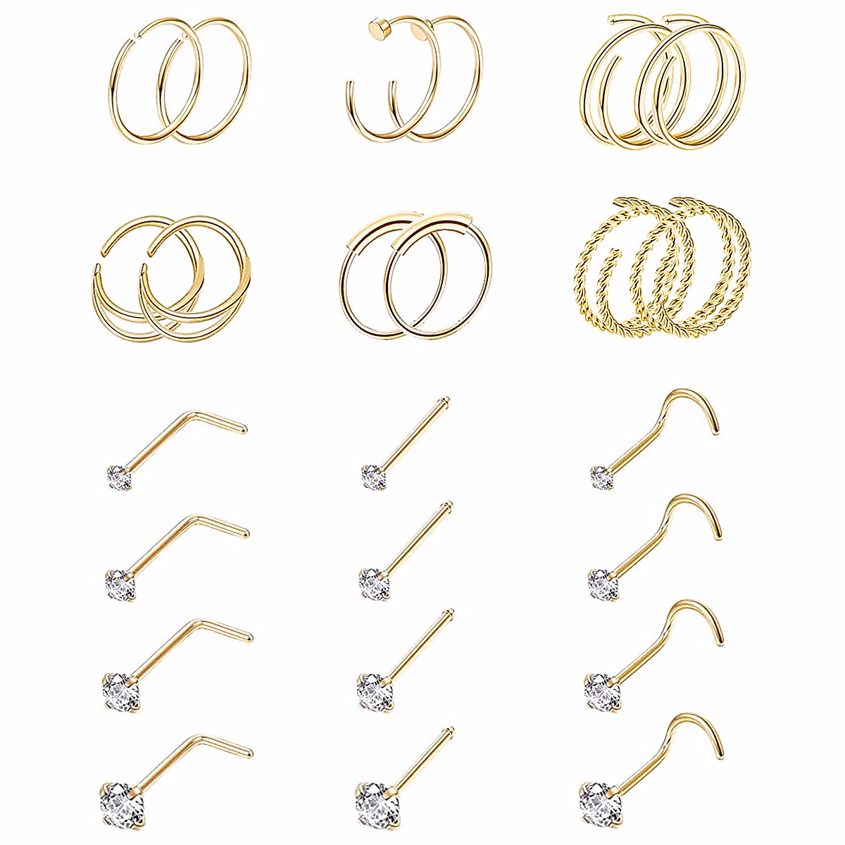Vegolita 24Pcs 20G Surgical Steel Nose Rings Hoop Nose Studs Tragus Cartilage Earrings Piercing Jewelry 1.5mm 2mm 2.5mm 3mm CZ Gold