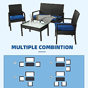 KAWIVAST 4 Pieces Patio Furniture Set, Wicker Patio Furniture Sets, PE Rattan Outdoor Furniture, Outdoor Conversation Sets, Deck Furniture Sets, All-Weather Patio Furniture