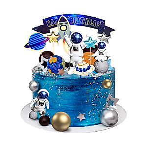 Ayearparty 32Pcs Space Cake Toppers Outer Space Cake Decorations Astronaut Figurines Planet Rocket Stars and Satellite Pearl Balls DIY Cake Toppers for Boys Birthday Baby Shower Themed Party Supplies