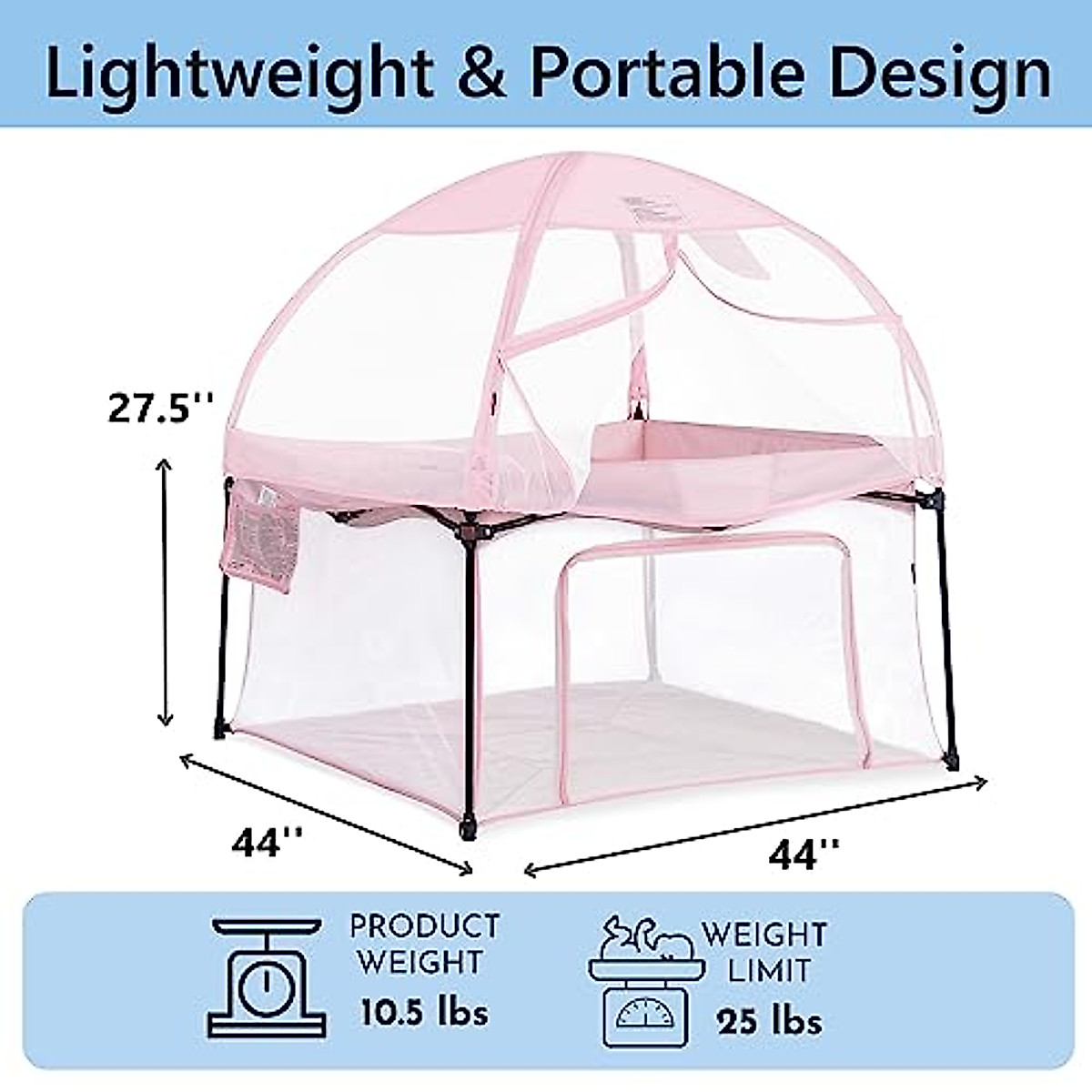 Dream On Me Ziggy Square Playpen with Canopy | Baby Playpen | Portable and Lightweight | Playpen for Babies and Toddler | Pink