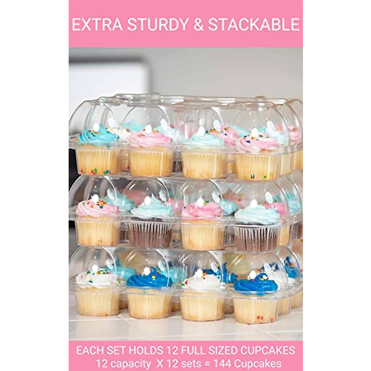 (12Pack x 12 Sets) STACK'nGO Cupcake Carriers - Sturdy Strong High Tall Dome Containers Plastic Disposable Storage Boxes Dozen Compartments Slots Holder Cupcakes Box Tray Container Cup Cake Holders