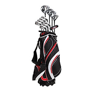 18 Piece Men's Complete Golf Club Package Set With Titanium Driver, #3 & #5 Fairway Woods, #4 Hybrid, 5-SW Irons, Putter, Stand Bag, 4 H/C's (Red, Regular Size)