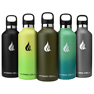 HYDRO CELL Stainless Steel Water Bottle with Straw & 2 Standard Mouth Lids (32oz 24oz 20oz 16oz) Keeps Liquids Hot or Cold w/Double Wall Vacuum Insulated Leak Proof Sport Design (Army 32oz)
