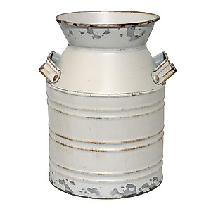 PHILPETY Shabby Chic Classy Designed White Milk Can Galvanized Finish Metal Vase Country Rustic Primitive Decorative Flower Holder, 7.5" H