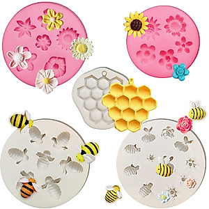 5 Pcs Bumble Bee and Flower Fondant Molds, CNYMANY Handmade Silicone Honeycomb Baking Chocolate Molds for Birthday Party Decoration DIY Cake Topper Candy Cookies Polymer Clay Crafting Project