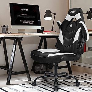 N-GEN Video Gaming Computer Chair Ergonomic Desk Office Chair for Adults with Lumbar Support Flip-Up Arms Adjustable Height Swivel Wheels PU Leather Executive Design for Home and Office (White)
