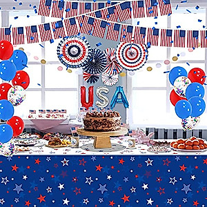 3 Pack Patriotic Tablecloth Decorations for 4th of July Independence Day, Plastic Memorial Day Table Cover Printed with Stars and Fireworks for Patriotic Themed Party Supplies, 54 x 108 Inch