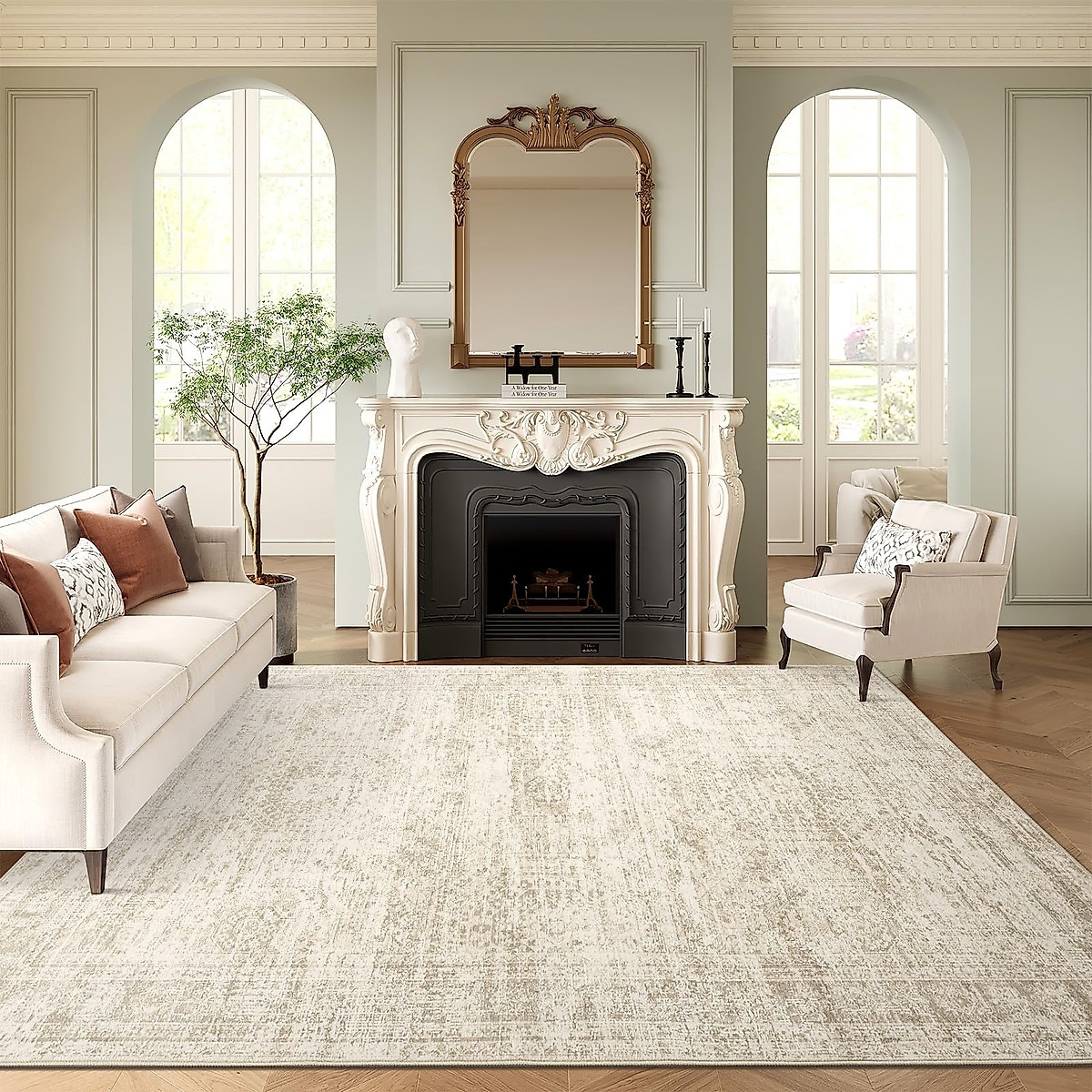 Soalmost Washable Area Rug 8x10, Large Soft Rugs for Living Room Vintage Beige Rug 8x10 Area Rugs for Bedroom Dining Room Non-Slip Stain Resistant Under Table Rug