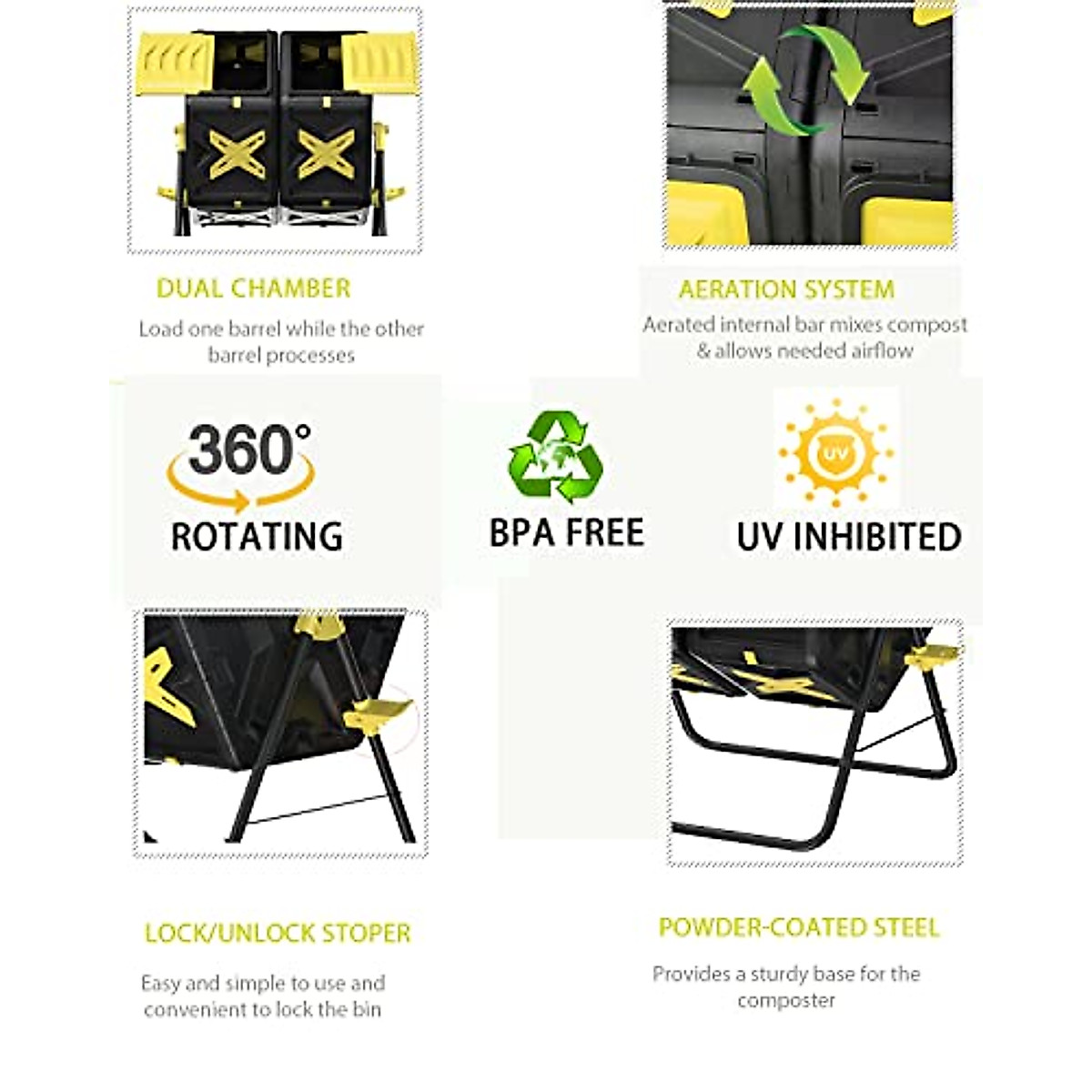 2 X 18.5 Gal Dual Chamber Compost Tumbling Bin from BPA Free Material - Outdoor Rotating Chamber Composters，with Easy-Turn, Fast-Working System for Garden/Patio