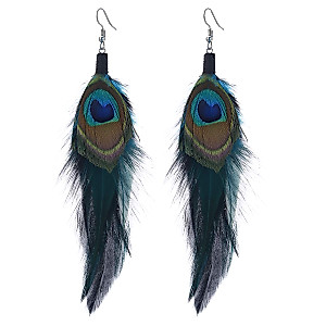 Winssigma Long Feather Earrings for Women Bohemian Dangle Earrings Lightweight Feather Statement Earrings Handmade Jewelry(Blue)