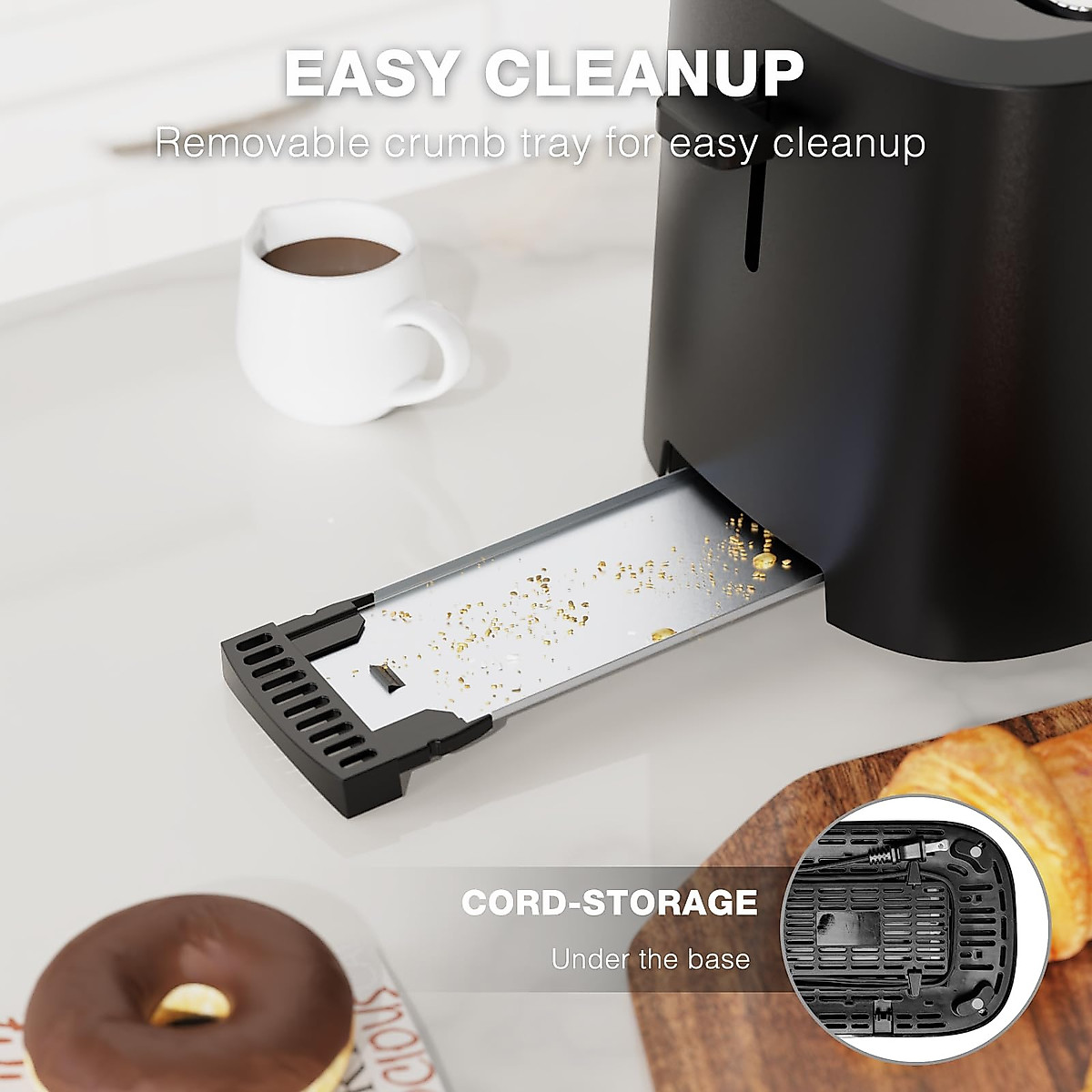 Anfilank Compact 2 Slice Toaster with 1.5" Extra Wide Slots, Built-in Warming Rack & Removable Crumb Tray - 6 Browning Options, with Defrost, Bagel, and Cancel Function - Matte Black