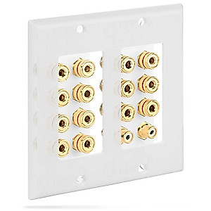 Fosmon 2-Gang 7.1 Surround Sound Distribution Home Theater Wall Plate, Gold Plated 7-Pair Copper Binding Posts Coupler Type for 7 Speakers, 2 RCA Jack for Subwoofer