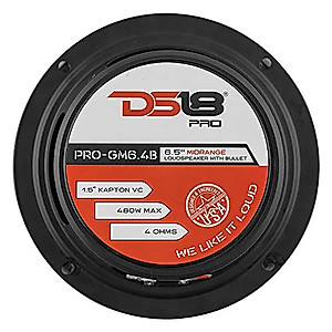 DS18 PRO-GM6.4B Loudspeaker - 6.5", Midrange, Red Aluminum Bullet, 480W Max, 4 Ohms,1.5" Kapton VC Premium Quality Audio Door Speakers for Car or Truck Stereo Sound System (1 Speaker)