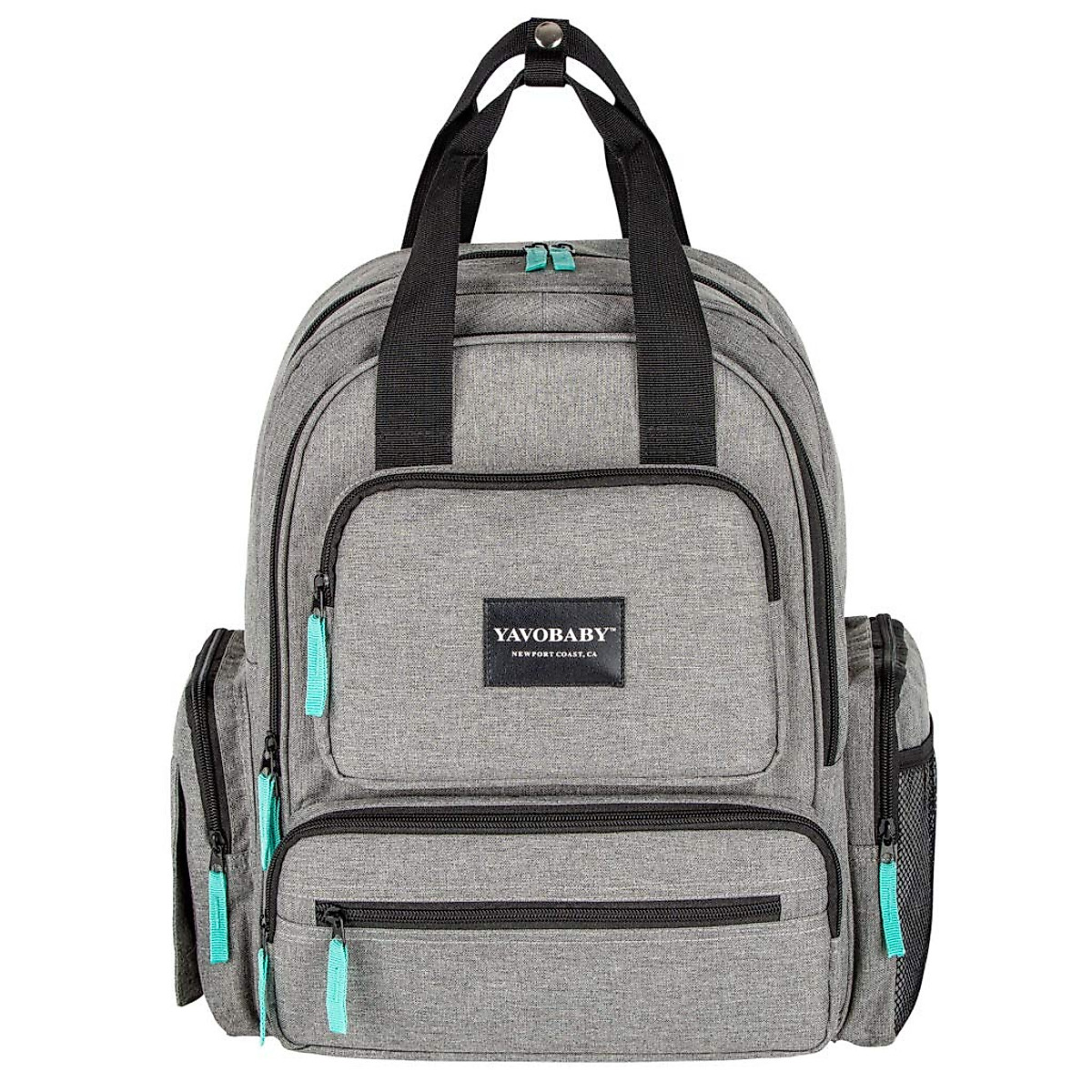 YavoBaby Diaper Bag Backpack - Large Capacity 18 Pocket Multi-Functional Unisex Diaper Bag - Extremely Durable and Stylish - Includes Changing Pad, Stroller Straps, and Nursing Pouch -Gray w/Teal Tags