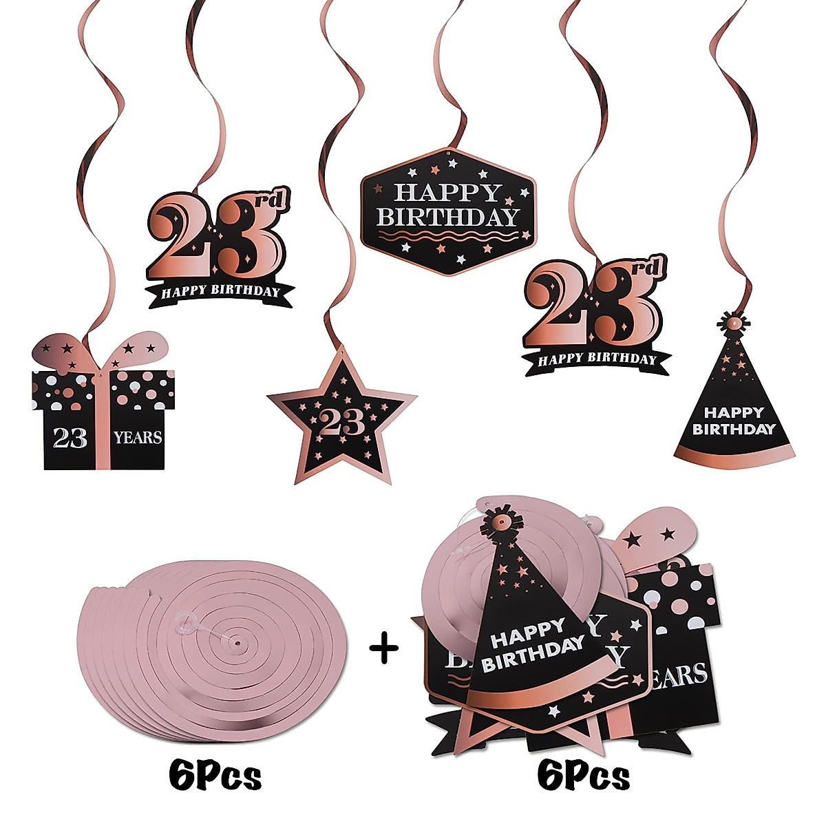 LINGTEER Happy 23rd Birthday Decorations,23rd Birthday Black with Rose Swirls Hanging Streamer Kit,Cheers to 23 Years Old Bday Foil Party Photo Backdrop Supplies.