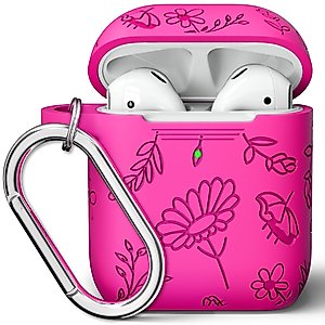 Silicone Flower Engraved Protective Case Cover Skin Cover with Keychain for Women Girls (Fuchsia Pink)