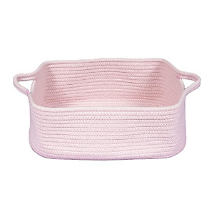 XUANGUO Woven Cotton Rope Storage Basket with Handles for Organizing Shelves Closet Small Cat Dog Pet Toy Basket Box Bin Decorative Rectangle Baby Nursery basket Gift Basket Empty Light pink