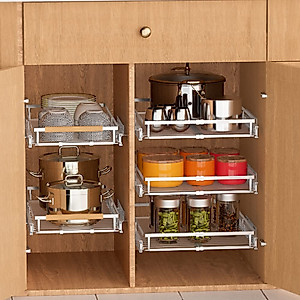 MIYUPTC Expandable Pull Out Drawer Cabinet Organizers, Slide Out Pantry Shelves Wire Pull Out Storage Shelf Drawer Basket for Kitchen Base Cabinet Organization, Chrome, 12''-18.2''W x 16.9''D