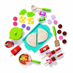 Taco Truck Wooden Playset, 30 Toy Pieces Including Cook Top, Steering Wheel, Sink, Sticker Sheet for Kids Name, Food, Taco Shells, Cheese, Patties, Dual Sided Play Stand Set for Indoor Fun, Ages 3+