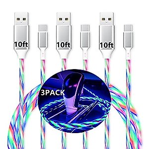 WFFOIFL USB Type C Cable(3-Pack 10ft), Led Light Up Charging USB A to USB C Flowing Charge Cord Compatible with Android Samsung Galaxy S10 S9 S8 Plus,Note 9 8,No Fast,USB C Charger