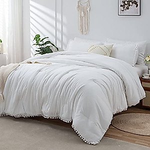 annadaif White Comforter Set Full Size, Pom Pom Fringe Comforter 3 Pieces, Soft Microfiber Down Alternative Bedding Set for All Season as Gift (1 Comforter, 2 Pillowcases)