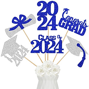 Blue and Silver 2024 Graduation Centerpiece Sticks Graduation Party Centerpieces for Tables 2024, Graduation Table Toppers 2024 Blue Class of 2024 Graduation Table Centerpieces Decorations - 24Pcs