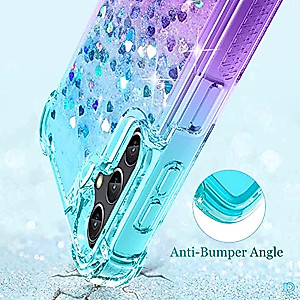 Dzxouui for Samsung A14 5G Case with Glass Screen Protector, Women Girls Cute Clear Glitter Flowing Quicksand Reinforced Corners Soft TPU Phone Case Cover for Samsung Galaxy A14 5G, Teal/Purple