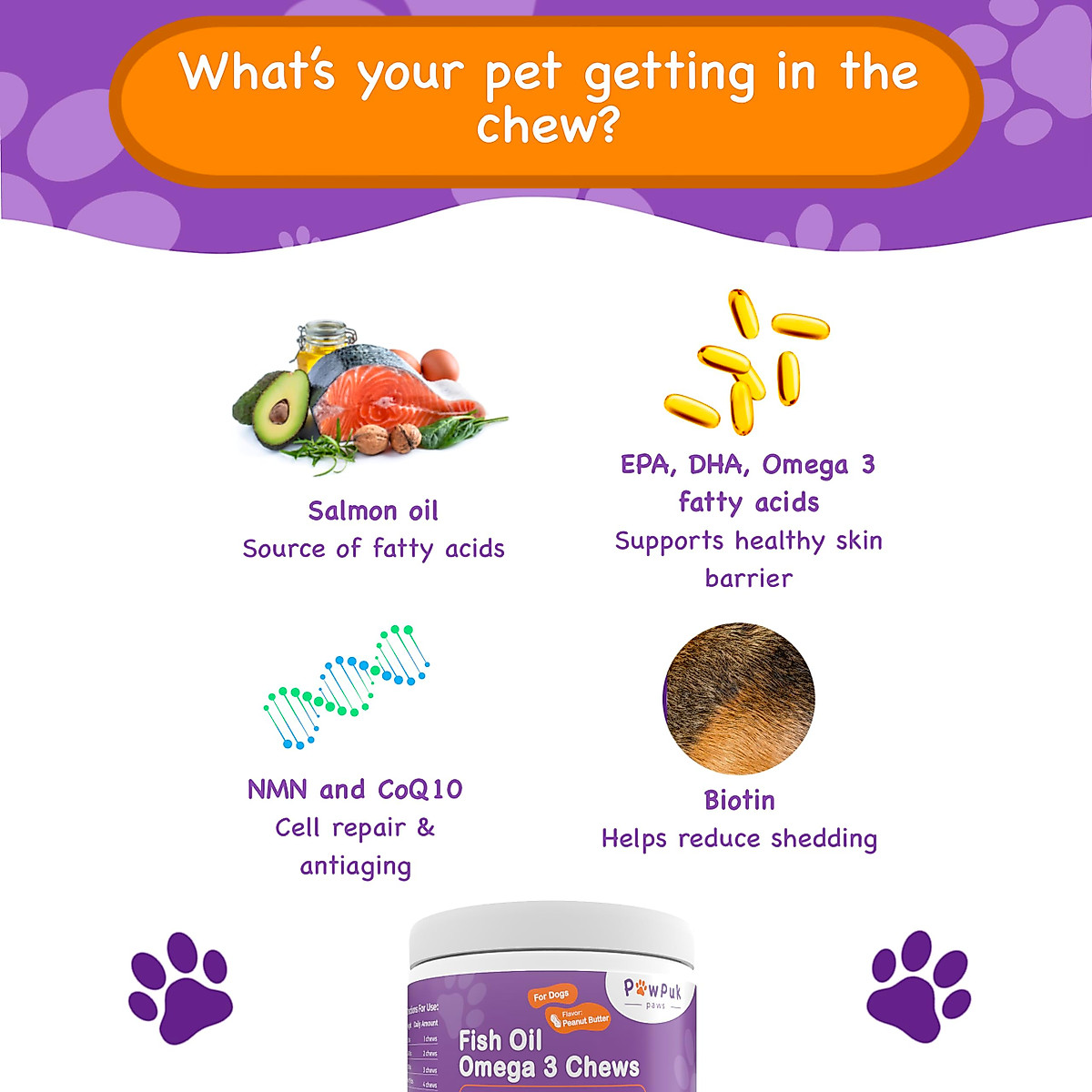 PawPuk Paws Omega 3 Fish Oil Chews for Dogs - EPA & DHA for Skin & Coat Health Plus Overall Health, Itch Relief, Joint & Mobility Support, CoQ10 & NMN - Natural Anti-Aging Supplement for Dogs